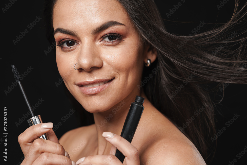 Beautiful Naked Woman Posing Isolated Over Black Wall Background