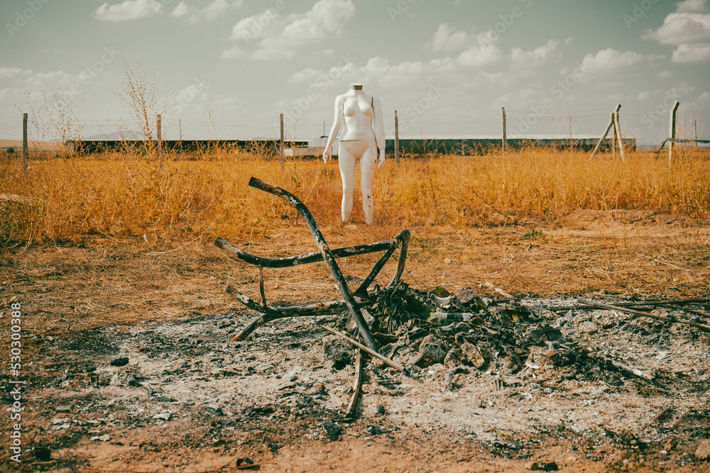 Naked Shop Mannequin Stands Post Apocalyptic Environment And Looks At