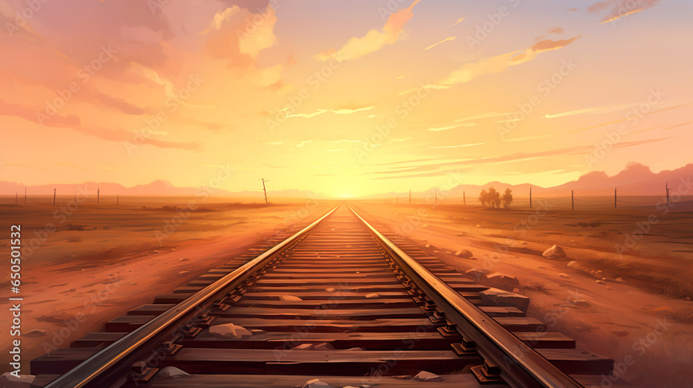 荒野を夕日に向かってまっすぐ進む線路のイラスト Stock Illustration Adobe Stock