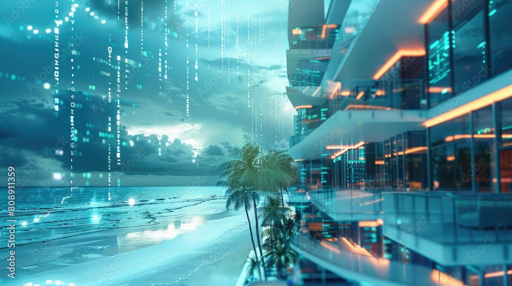 Stock Graph Goes Up In Front Of A Beach Hotel With A Color Bitmap