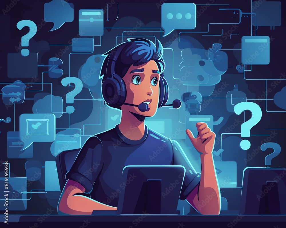 Customer Support Illustration With Human Icon And Question Marks Focus