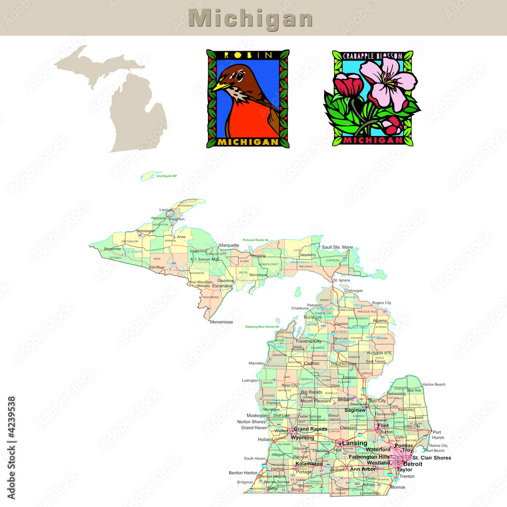 USA states series: Michigan. Political map with counties Stock ...