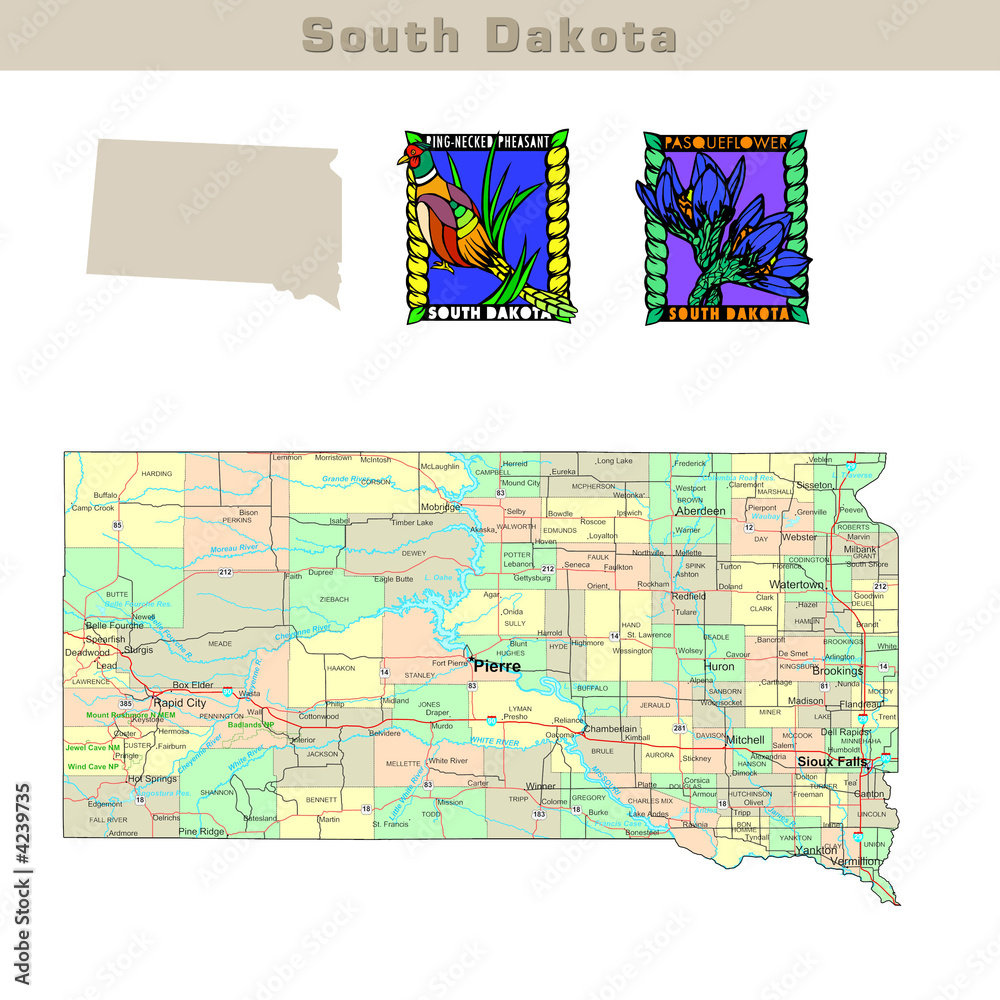 USA states series: South Dakota. Political map with counties Stock ...