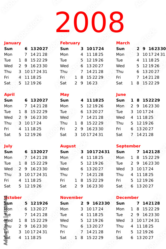 Simple customizable 2008 calendar - vector Stock Vector | Adobe Stock