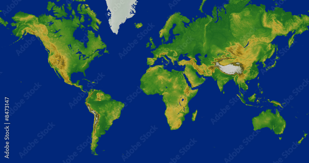 Mercator world map with terrain 素材庫插圖 | Adobe Stock
