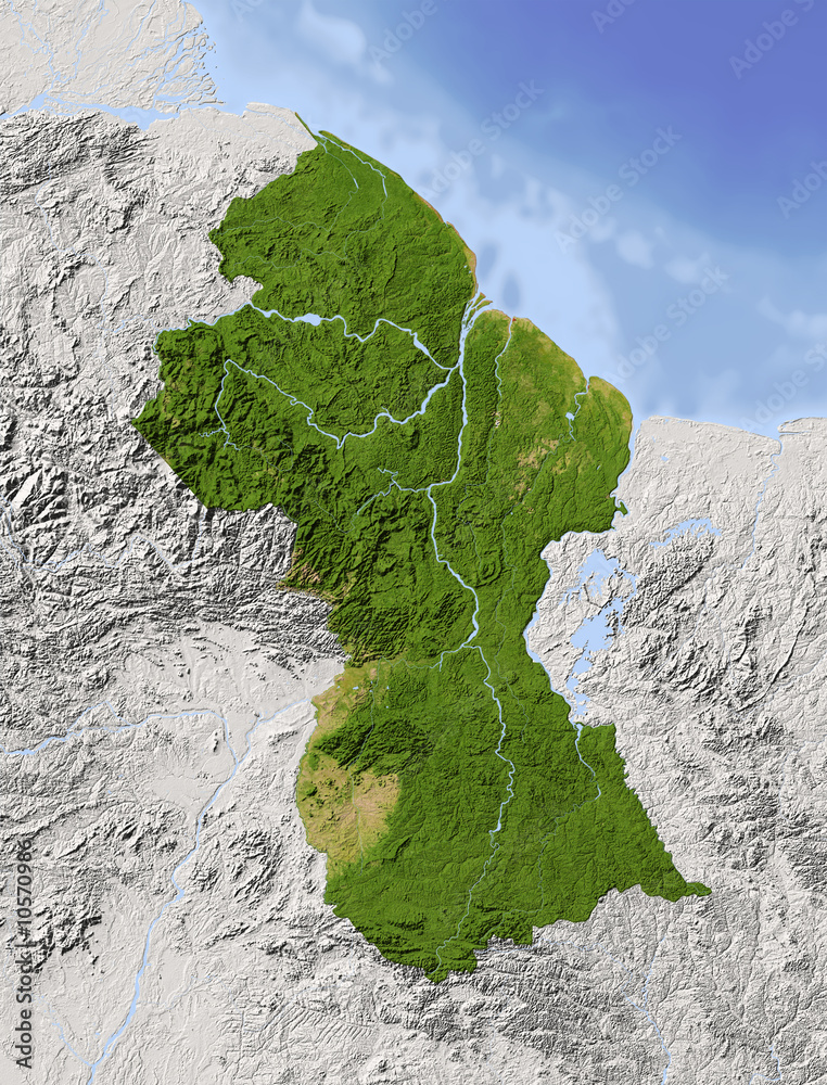 Guyana, shaded relief map, colored for vegetation. Stock Illustration ...