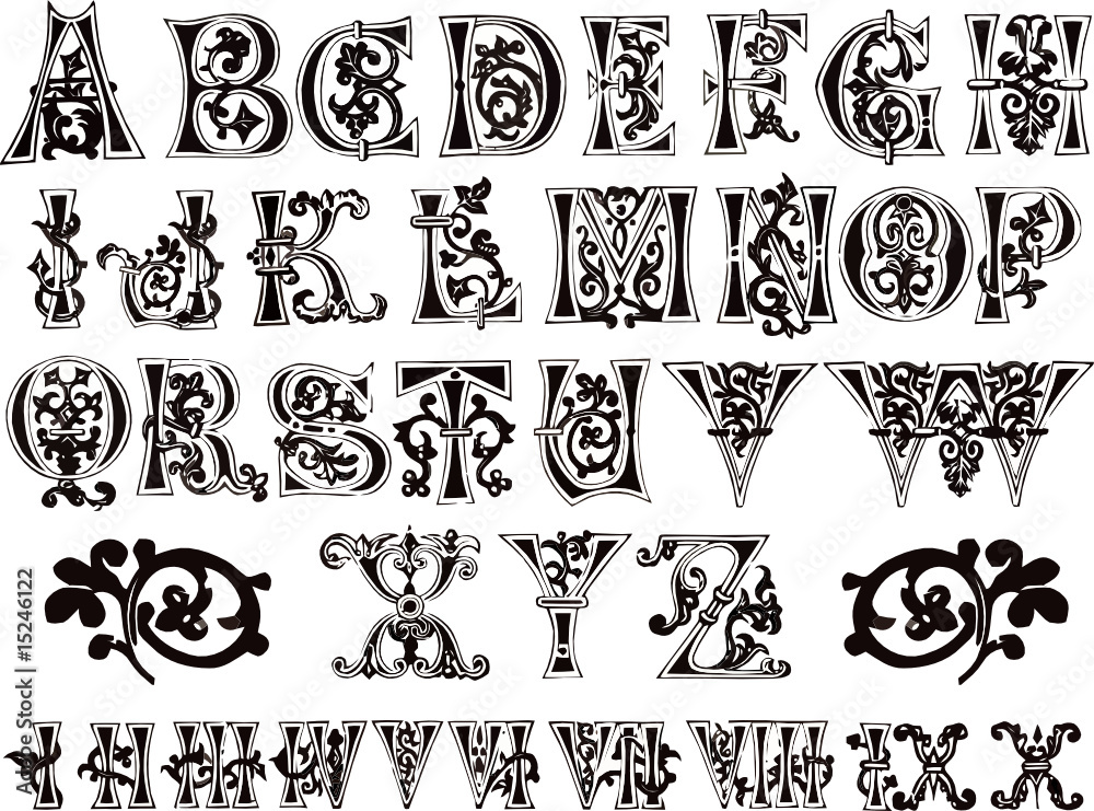 11th century engraved ornamental alphabet and numerals Stock Vector ...