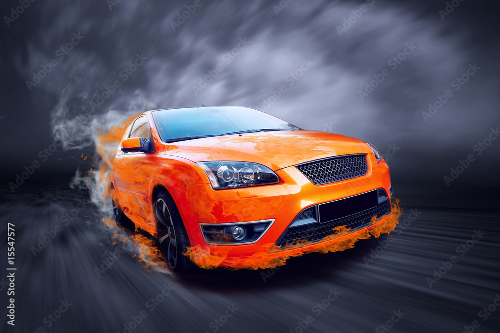 Beautiful orange sport car in fire Stock Photo | Adobe Stock