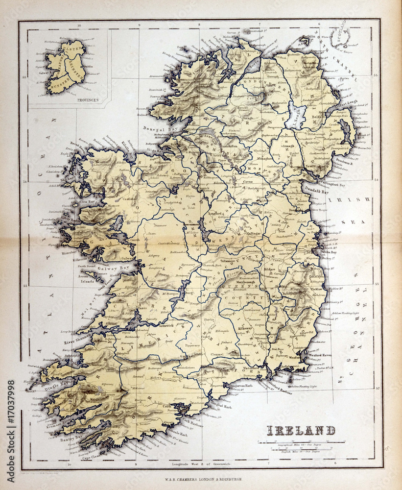 Old map of Ireland, 1870 Stock Photo | Adobe Stock