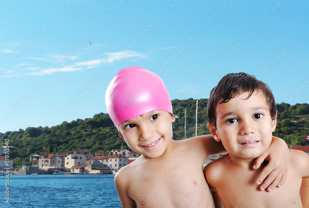 Happy two children without clothes, outdoor scene Stock Photo | Adobe Stock