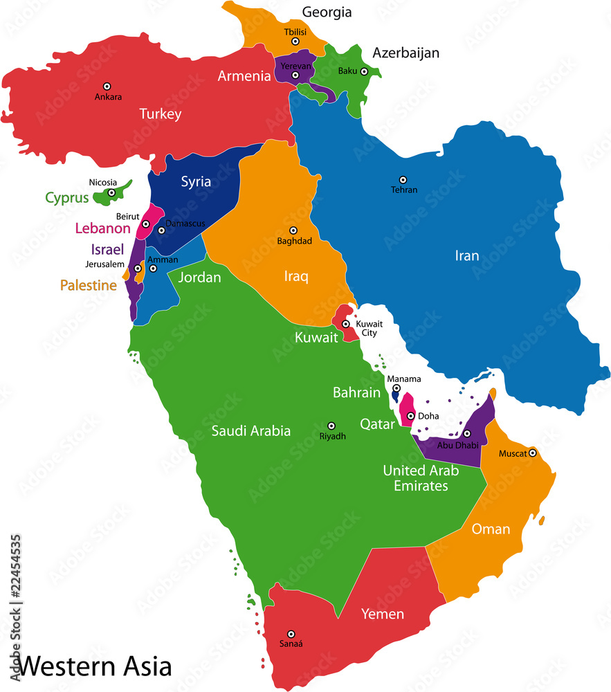 Colorful Western Asia map with countries and capital cities Stock ...