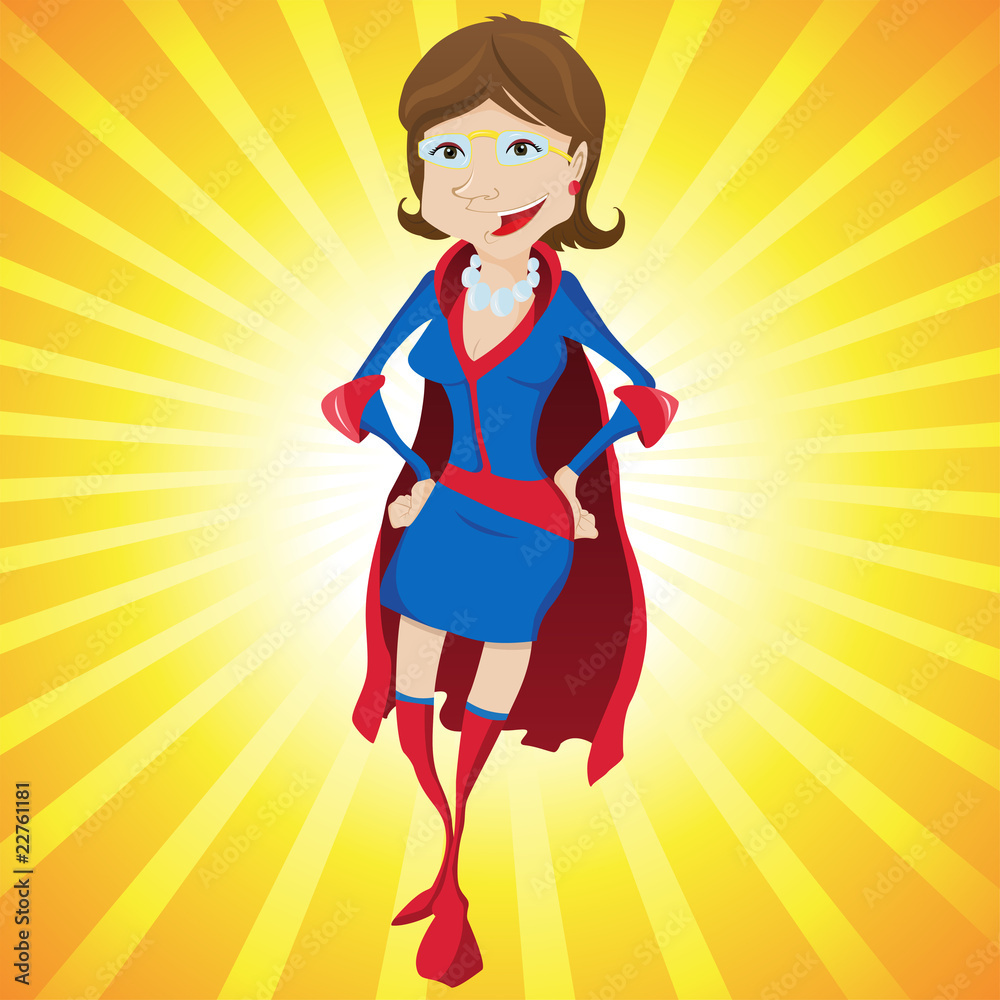 Super Woman Mother Cartoon with Yellow Background. Stock Vector | Adobe ...