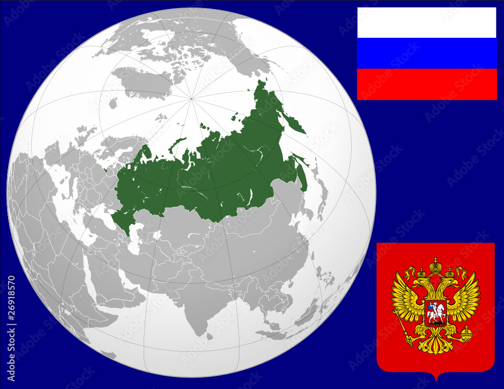 Russia globe map locator world flag coat Stock Vector | Adobe Stock