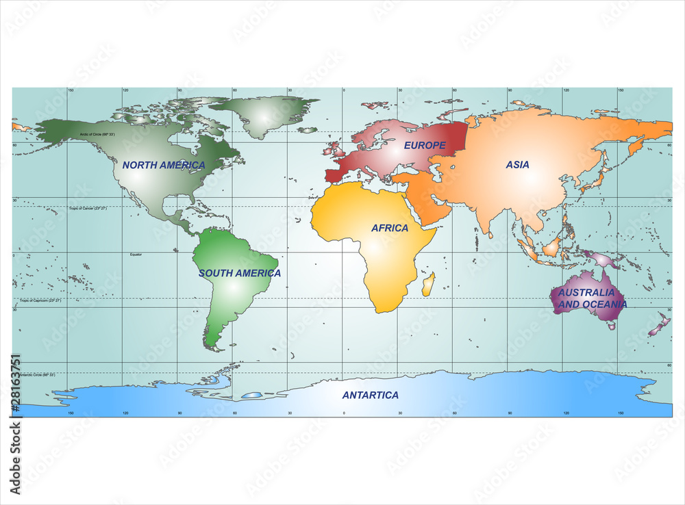 Detailed World Map with Names of Continent and Countries, vector Stock ...