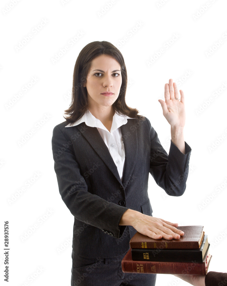Woman Hand Raised Swearing on a Stack of Bibles Isolated White 素材庫相片 ...