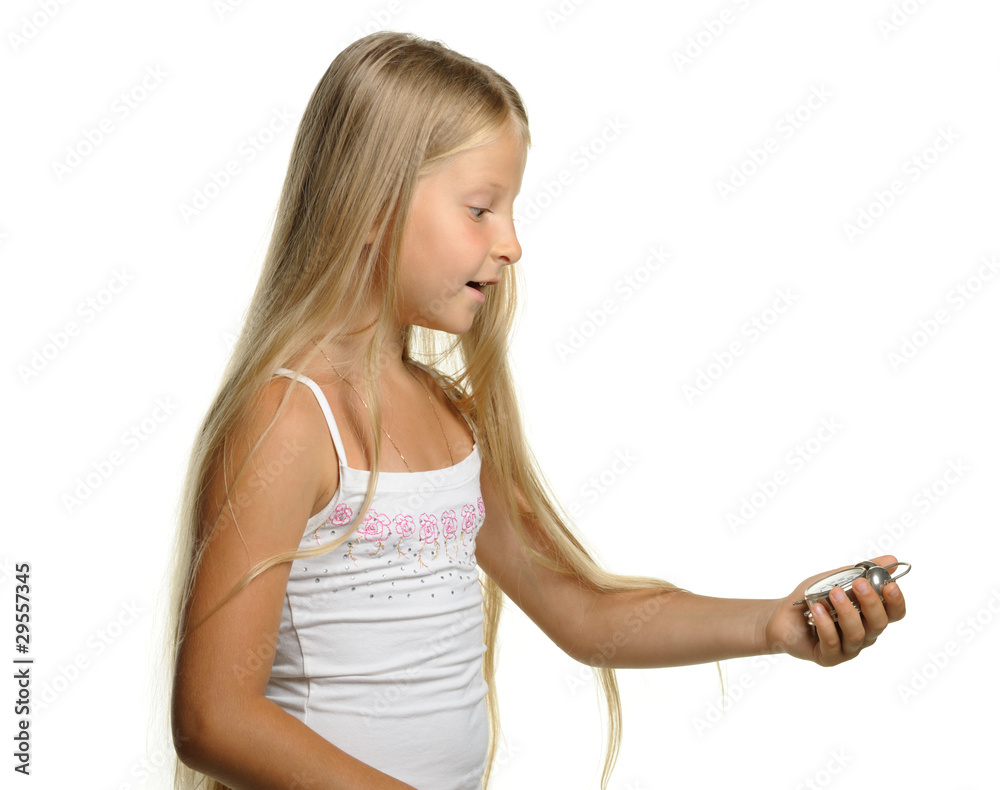 To be late. The girl with amazement looks at an alarm clock Stock Photo ...