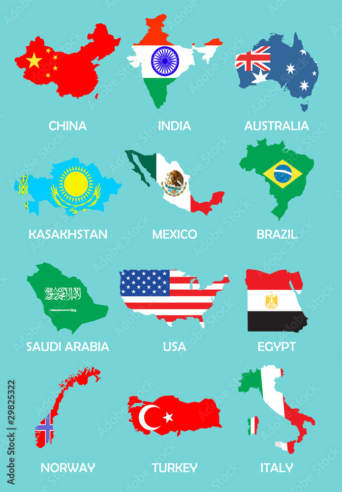 outline maps of the countries with national flags Stock Vector | Adobe ...