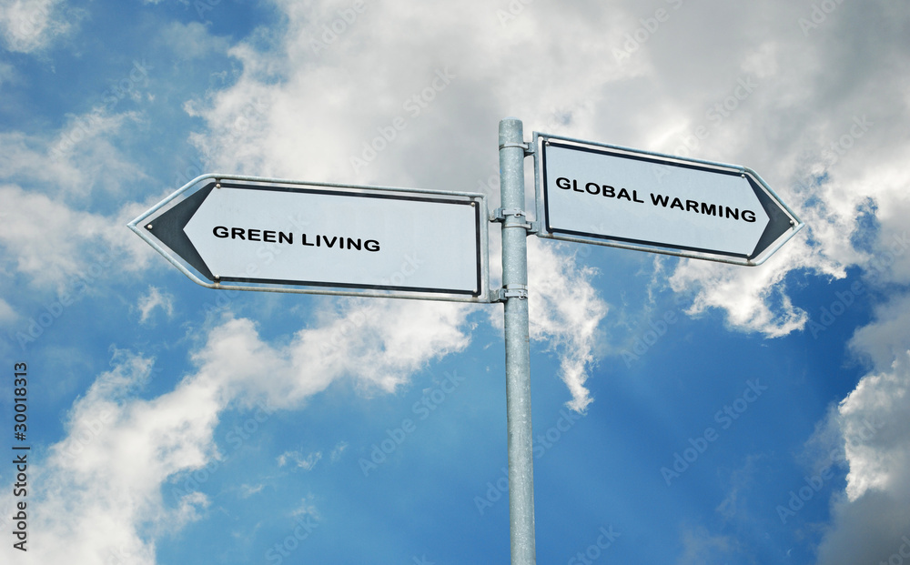 road signs to global warming and green living Stock Photo | Adobe Stock