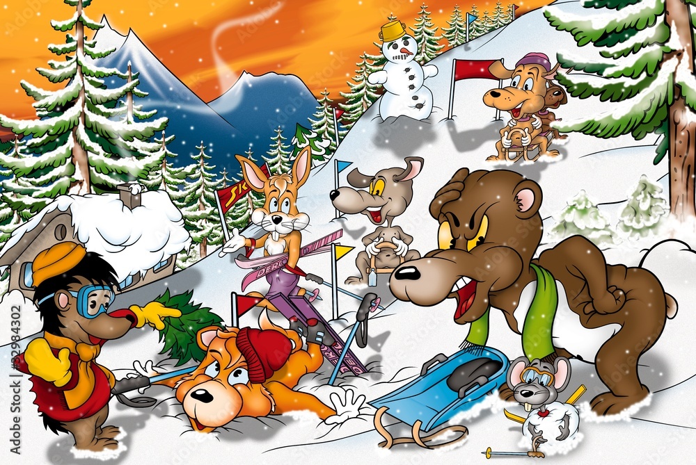Animals in Winter - Cartoon Background Illustration, Bitmap Stock ...