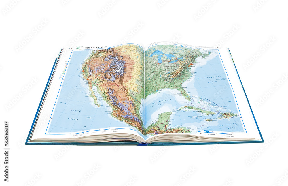 World Atlas. Page opens with a map of the United States and Mexi Stock ...