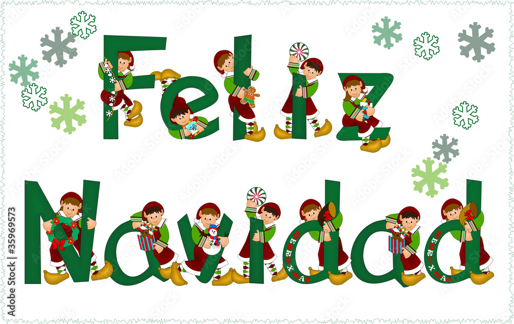 Vector de Stock Letrero Feliz Navidad con duendes | Adobe Stock