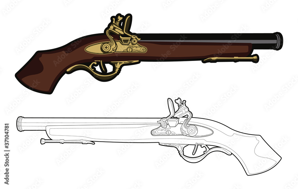 Antique Musket Color Cartoon Gun Vector Graphic Illustration Set Stock ...