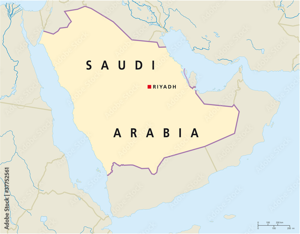 Saudi Arabia political map with capital Riyadh and national borders ...