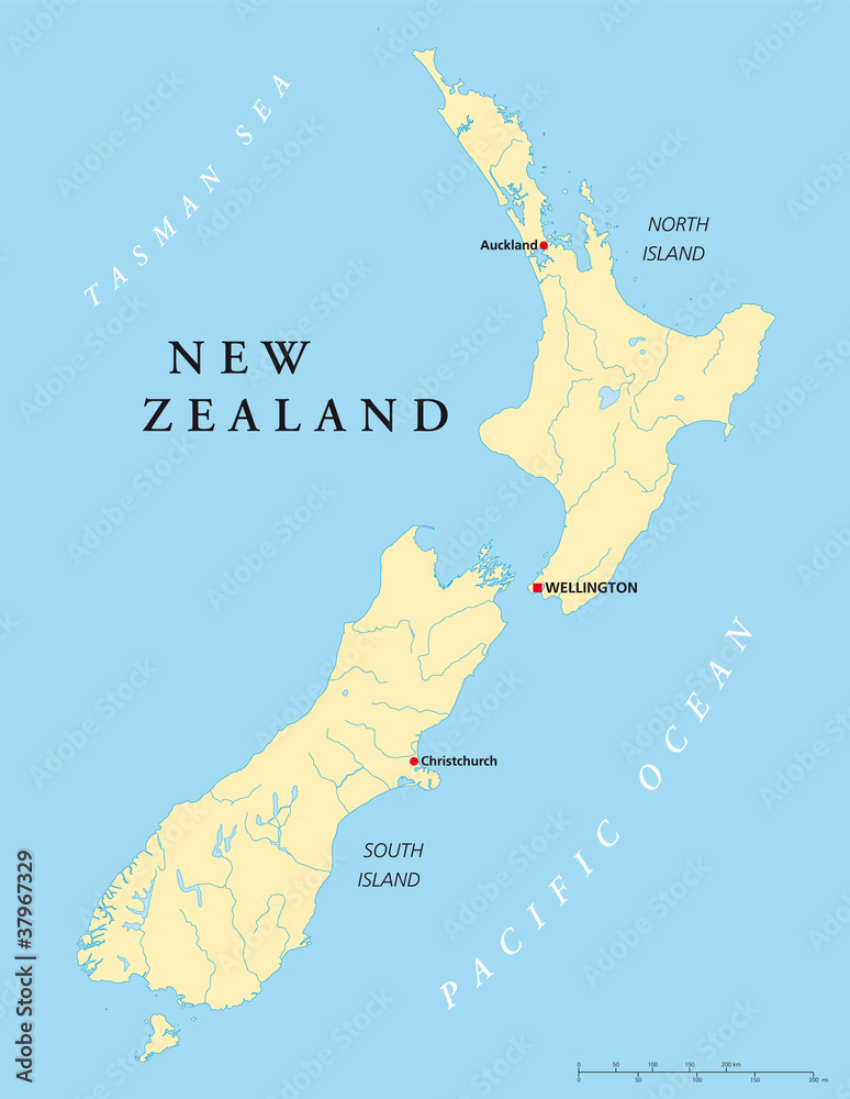 New Zealand political map with capital Wellington, national borders ...