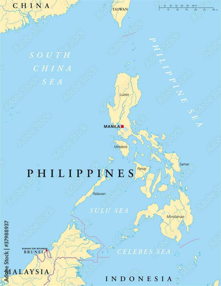 Philippines political map with capital Manila, national borders, rivers ...