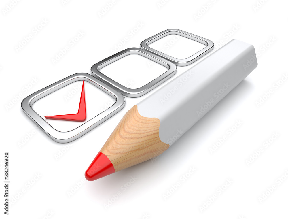 Check mark and pen 3D. Test. Isolated on white background Stock ...