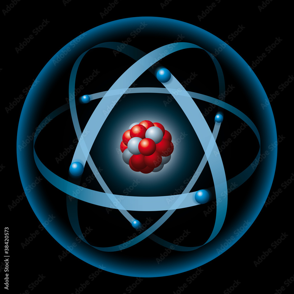 Atom with blue electron shell and electrons, red protons and gray ...