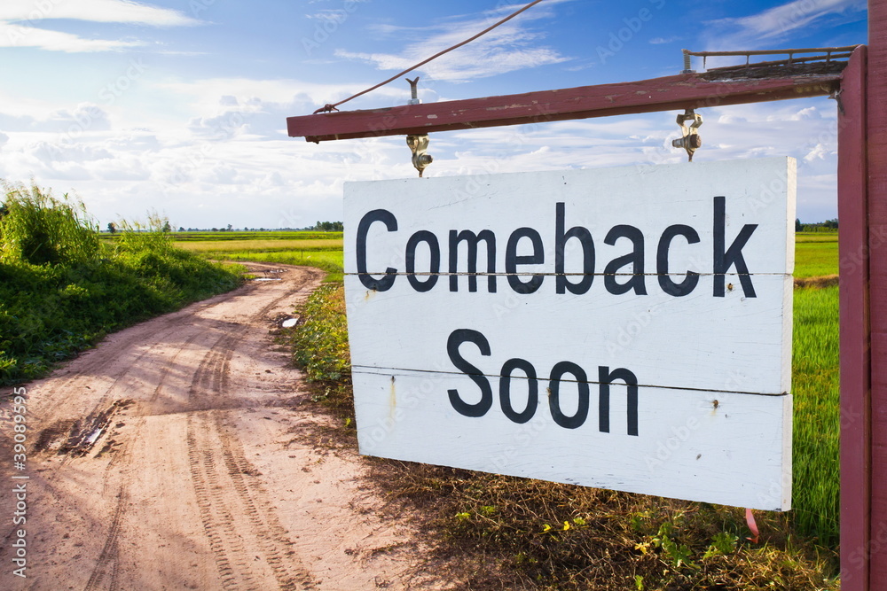 Come back soon wood sign with country road Stock Photo | Adobe Stock