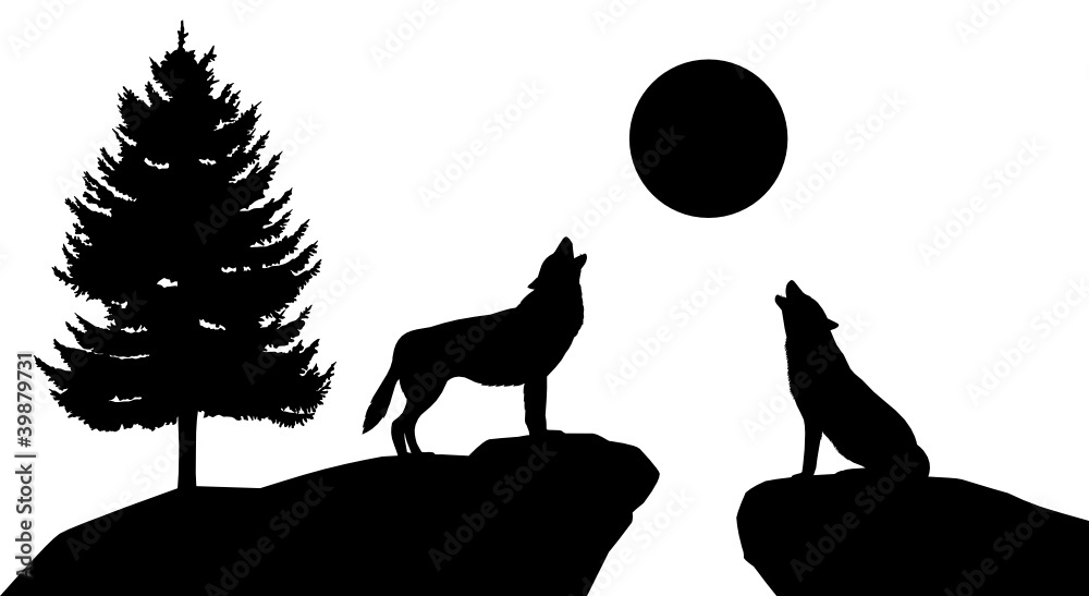 Silhouette Heulende Wölfe Landschaft Tiere Wald - Stock - GamesAgeddon