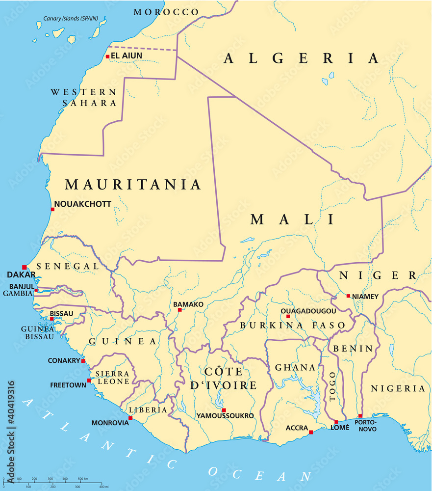 West Africa political map with capitals, national borders, rivers and ...