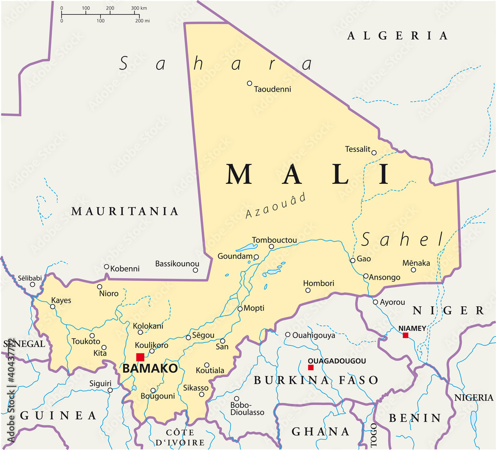 Mali political map with the capital Bamako, national borders, most ...