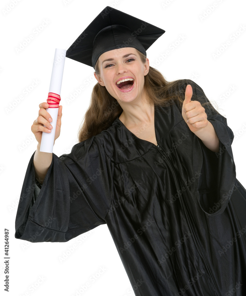 Happy graduation student girl with diploma showing thumbs up Stock ...