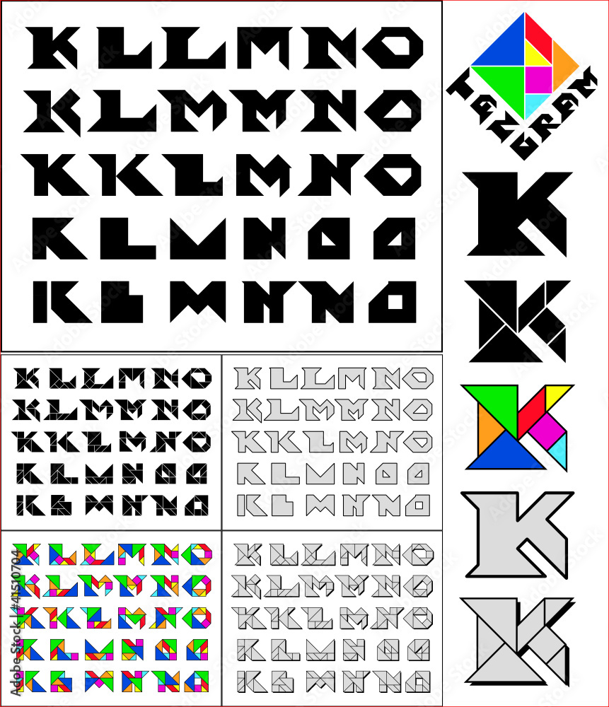 Tangram font, fixed-height alphabet, letters K,L,M,N,O, 5 styles Stock ...
