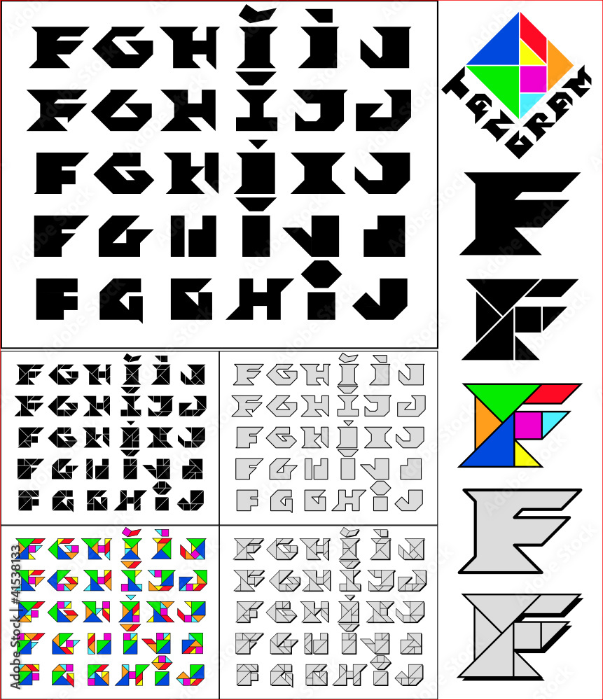 Tangram font, fixed-height alphabet, letters F,G,H,I,J, 5 styles Stock ...