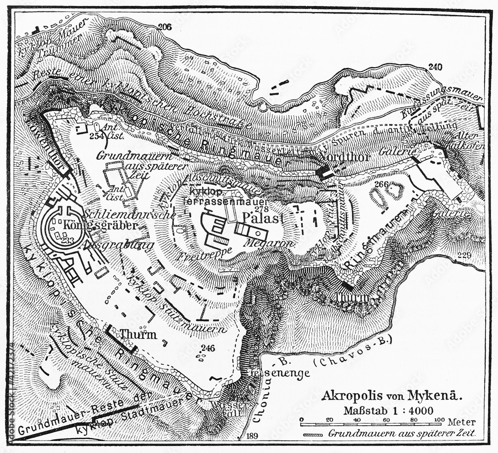 Vintage 19th century map of Mycenae, Plan of the Acropolis Stock Photo ...