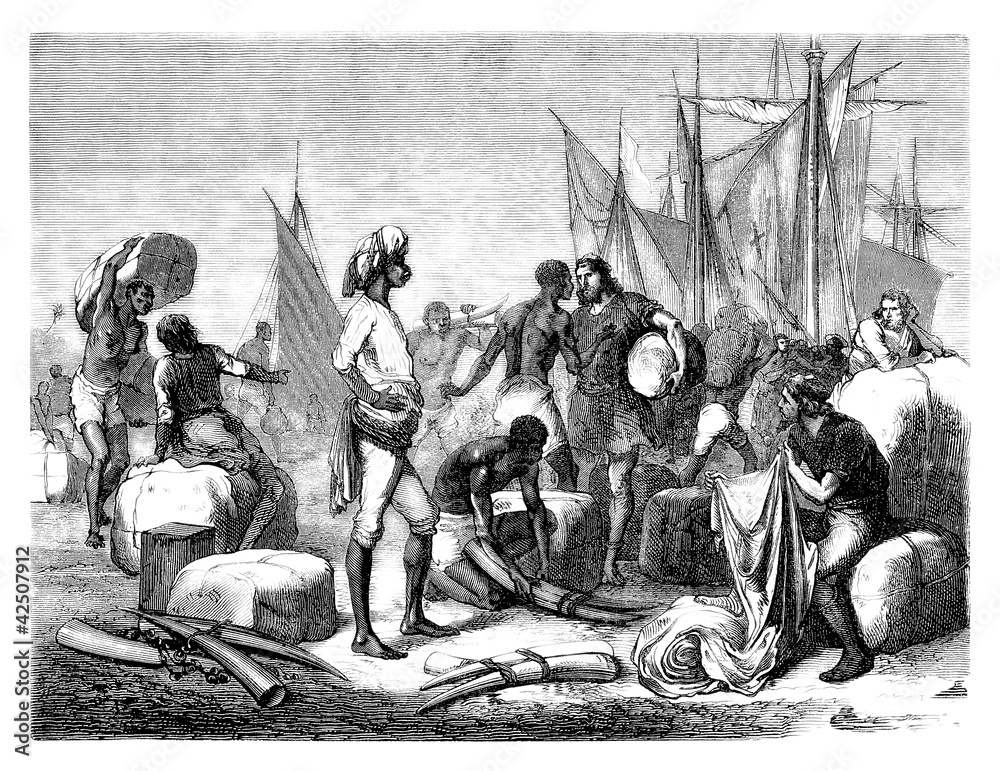 Europeans trading with Africans - 16th century Stock Illustration ...