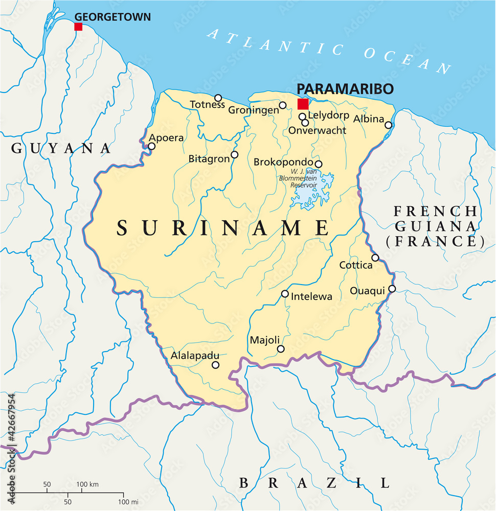 Suriname political map with capital Paramaribo, national borders, most ...