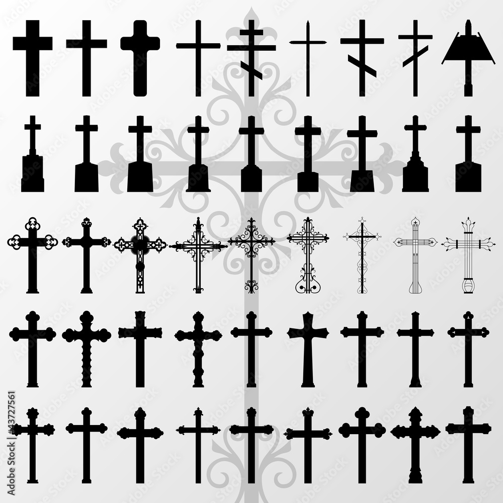 Vintage old cemetery crosses and graveyard cross silhouettes ill Stock ...