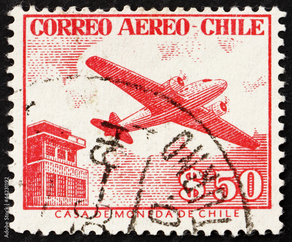 Postage stamp Chile 1956 Control Tower and Plane Stock Photo | Adobe Stock