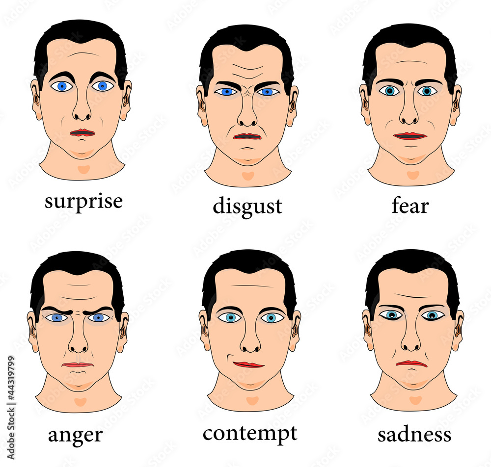 Set of six male facial expression. Surprise, disgust, fear, anger ...