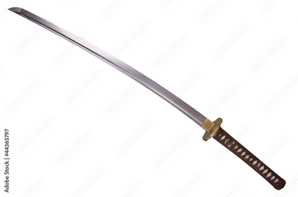 Traditional Japanese katana sword against a white background. The ...