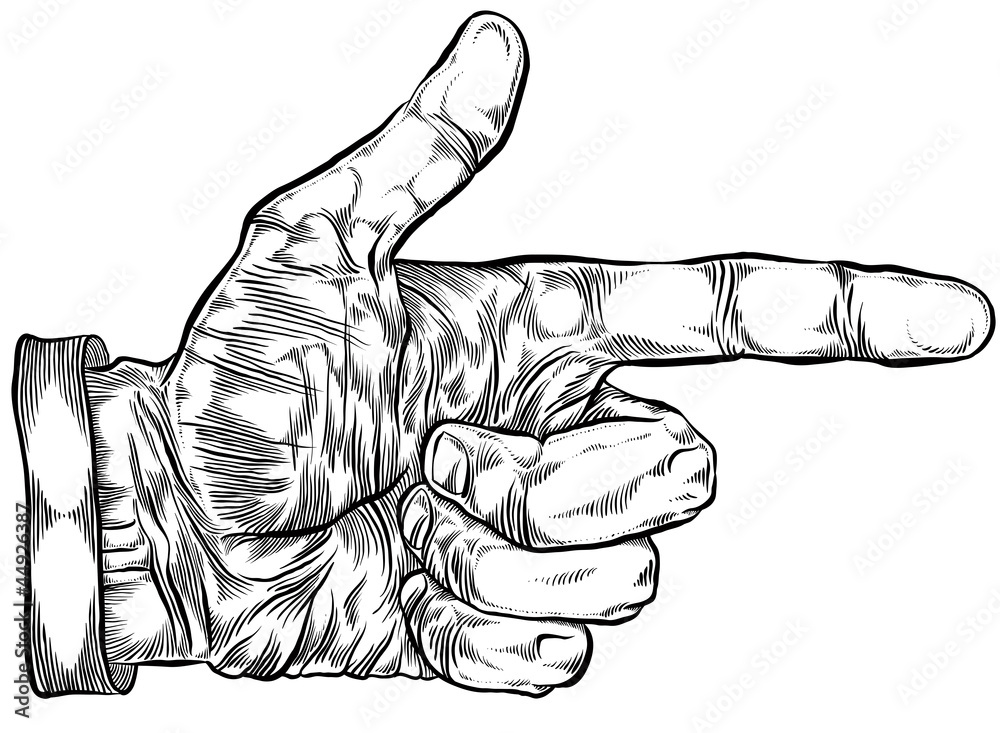 Finger pointing hand etching vintage style. Stock Vector | Adobe Stock