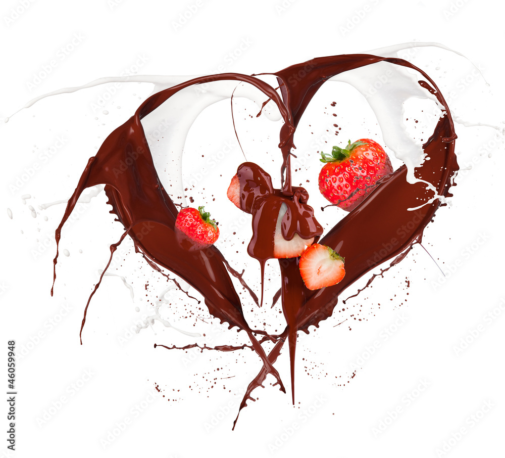 Heart symbol made of chocolate and milk splashes with strawberry Stock ...