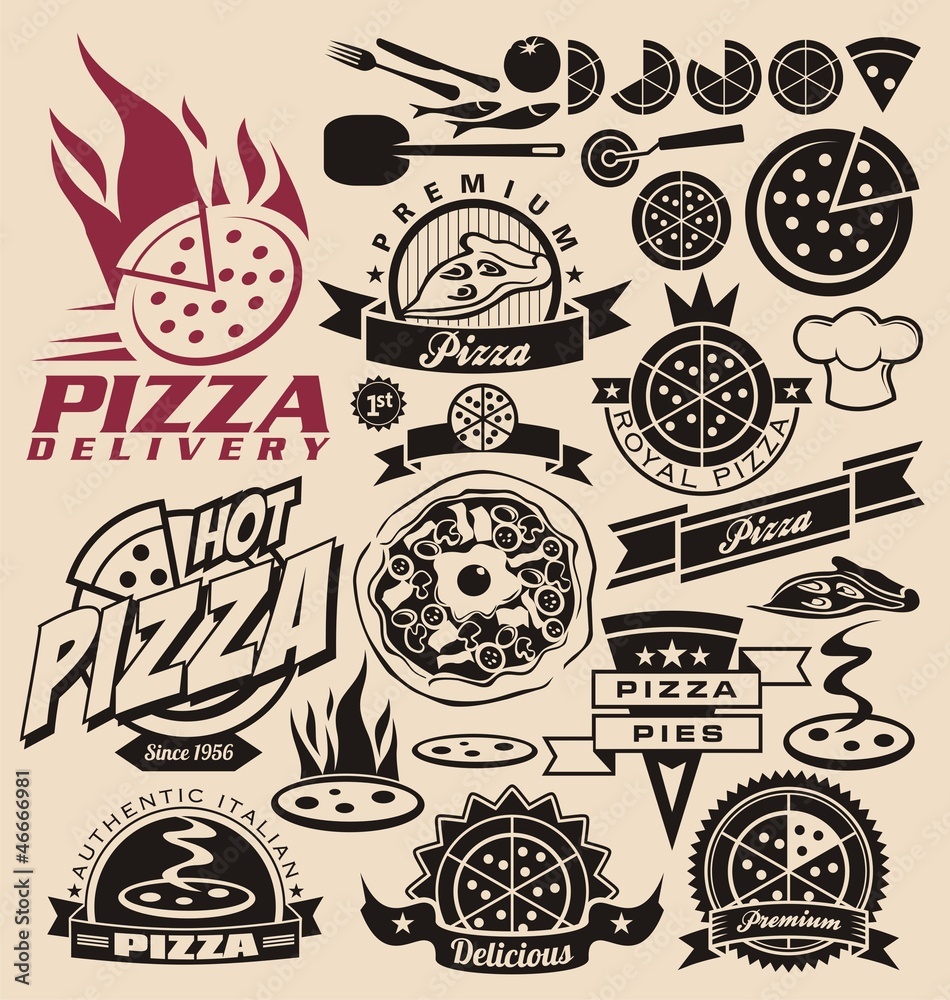 Pizza icons, labels, signs, logo designs and design elements Stock ...