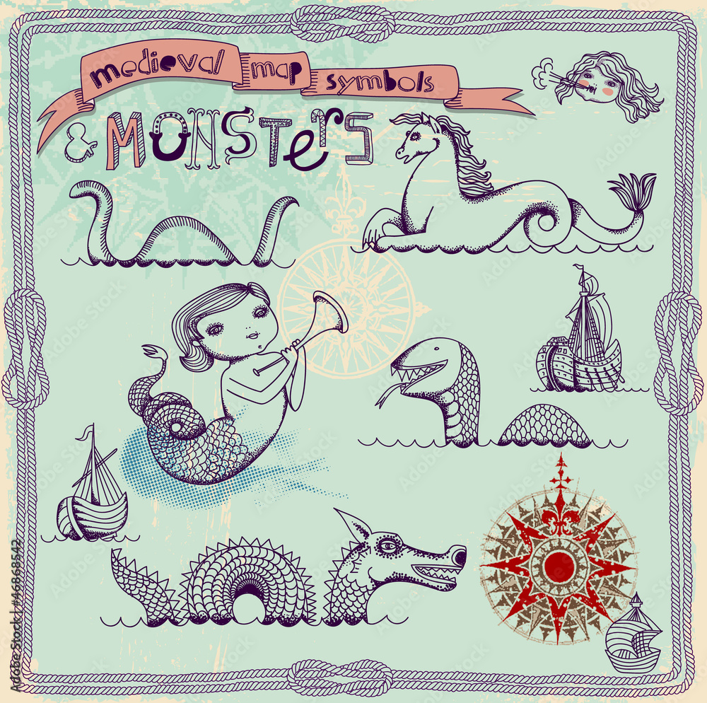 Medieval Map Symbols and Monsters Stock Vector | Adobe Stock