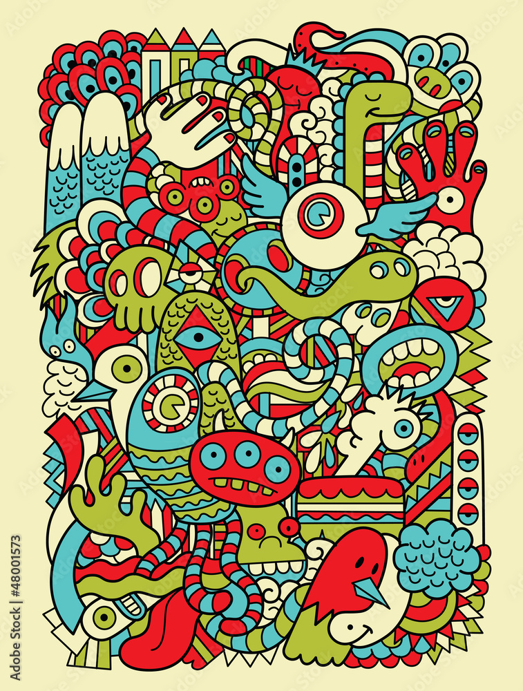 Hipster Doodle Monster Collage Background Stock Vector | Adobe Stock